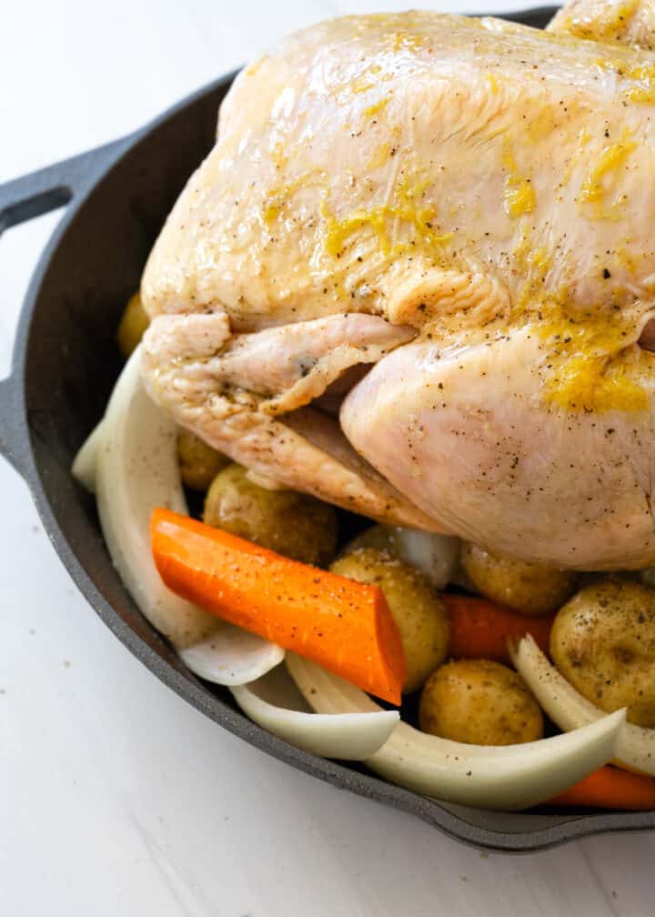 Easy Cast Iron Roast Chicken with Root Vegetables - Worn Slap Out